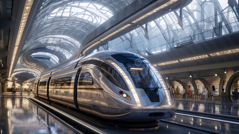 Modern Bullet Train Travel through Metro City Background Stock ...