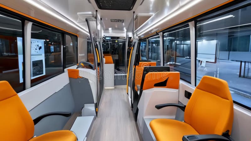 Modern Bus Cabin with Empty Orange Seats Stock Footage - Video of ...