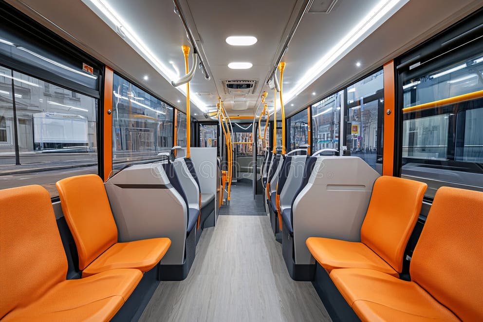 Modern Bus Cabin with Empty Orange Seats and Windows Stock Illustration ...