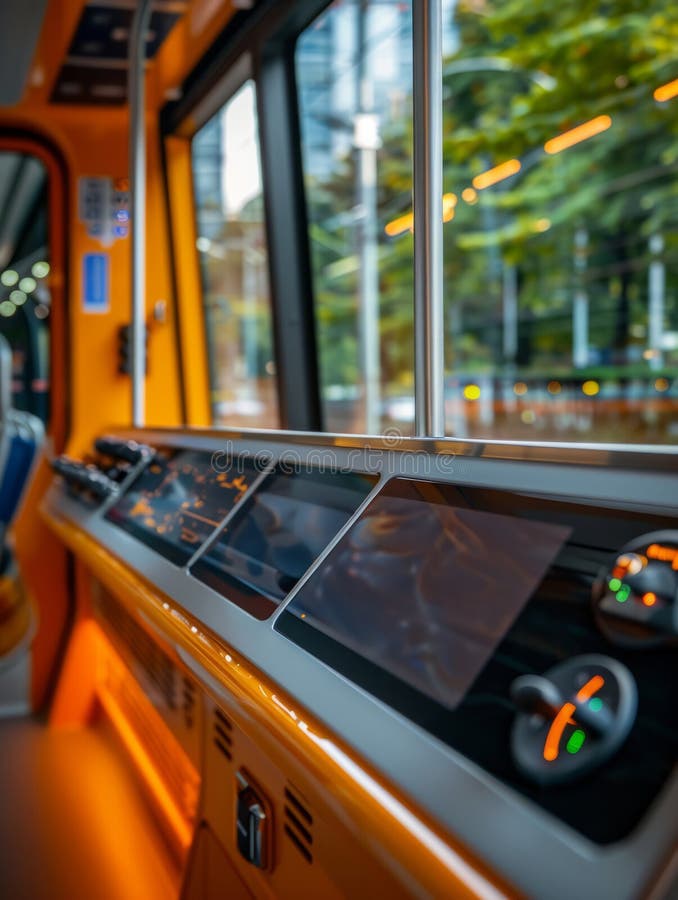 Modern Bus Interior with Control Panels and Large Windows. Stock Image ...