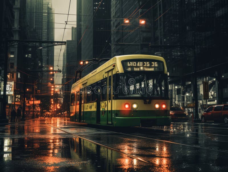 A Modern Bus Running on Wet Roads in Modern City Stock Illustration ...