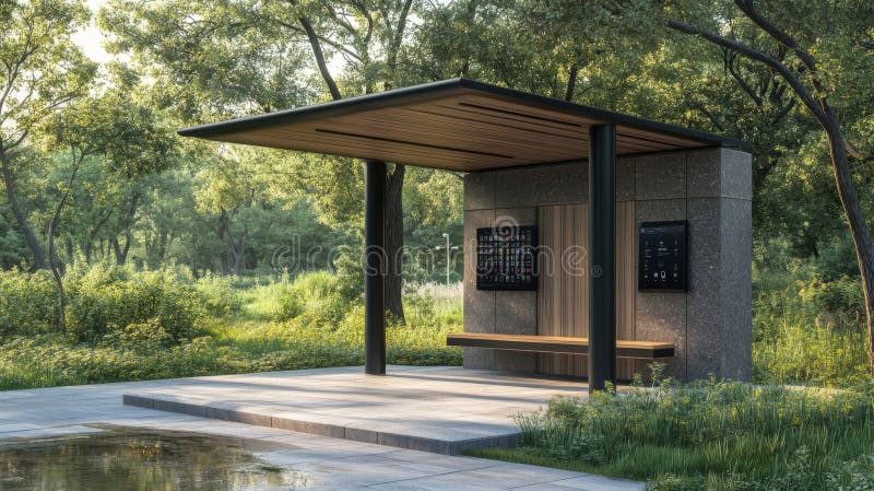 Modern Bus Stop Design in a Park Setting Stock Illustration ...