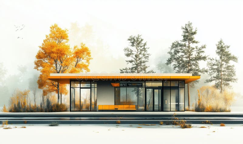 Modern Bus Stop Design Surrounded by Autumn Foliage and Misty Landscape ...