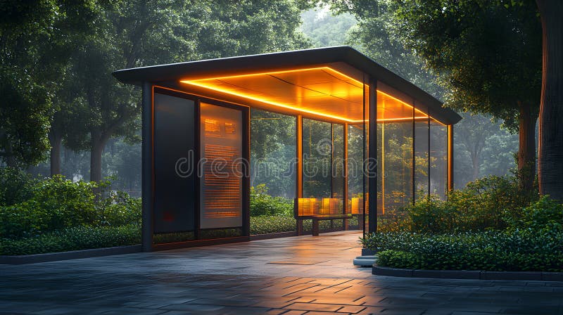 A Modern Bus Stop Featuring a Sleek Glass Display Integrated with Bold ...