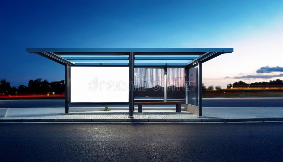 Modern Bus Stop Mockup at Dusk. 3D Rendering Stock Illustration ...