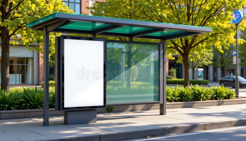 Modern Bus Stop Shelter with Blank Advertising Panel Surrounded by ...