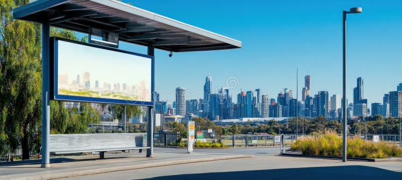 Modern Bus Stop Showing Melbourne Skyline on Digital Billboard Stock ...