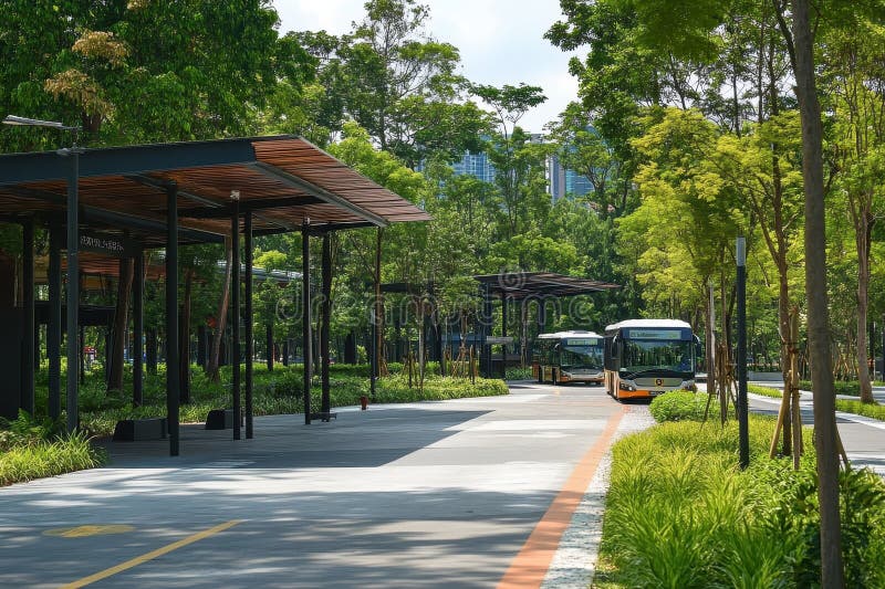 A Modern Bus Stop Surrounded by Lush Greenery and Trees in an Urban ...