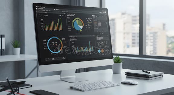 Modern Business Analytics Dashboard on Desktop Computer Displaying Key ...