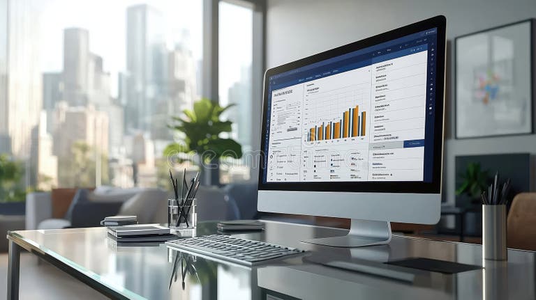 Modern Business Analytics Dashboard on Desktop Computer in Office Stock ...