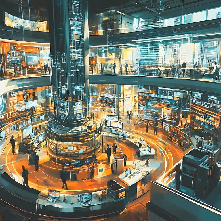 Modern Business Center with Interactive Displays, Busy Environment ...