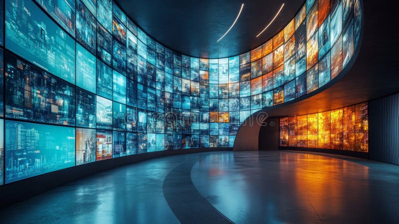 Modern Business Center with Massive Curved Wall of Video Screens ...