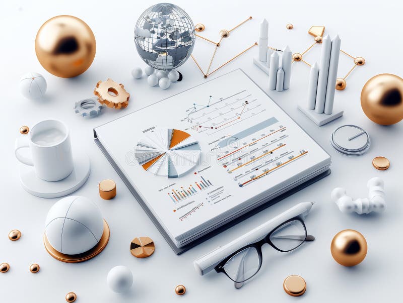A Modern Business Desk with a Spread-out Report, Glasses, a Compass ...