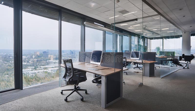 Modern Business Interior with Desks and Pc Computers, Glass Rooms ...