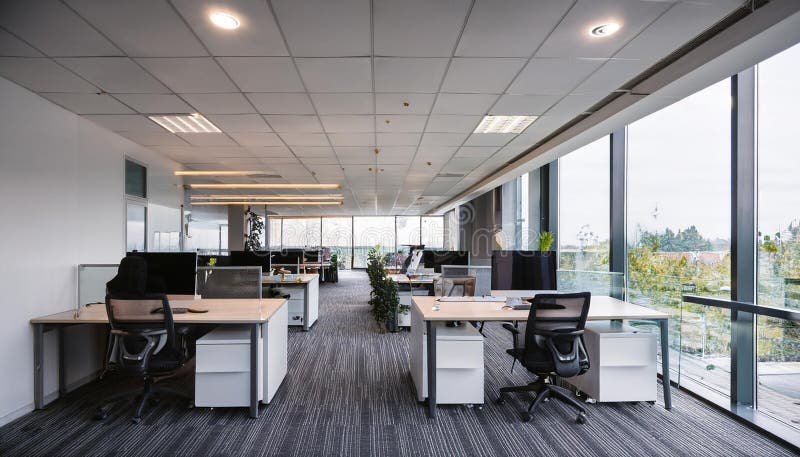 Modern Business Interior with Desks and Pc Computers, Glass Rooms ...