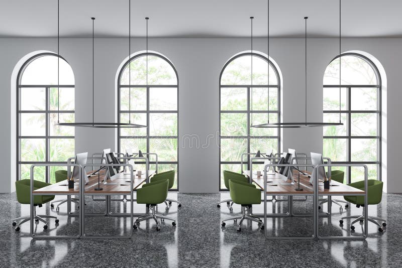 Modern Business Interior with Pc Computer and Arched Panoramic Window ...