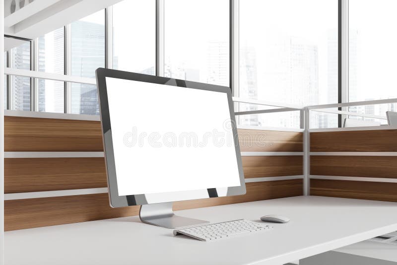 Modern Business Interior with Pc Computer on Table with Mockup Screen ...
