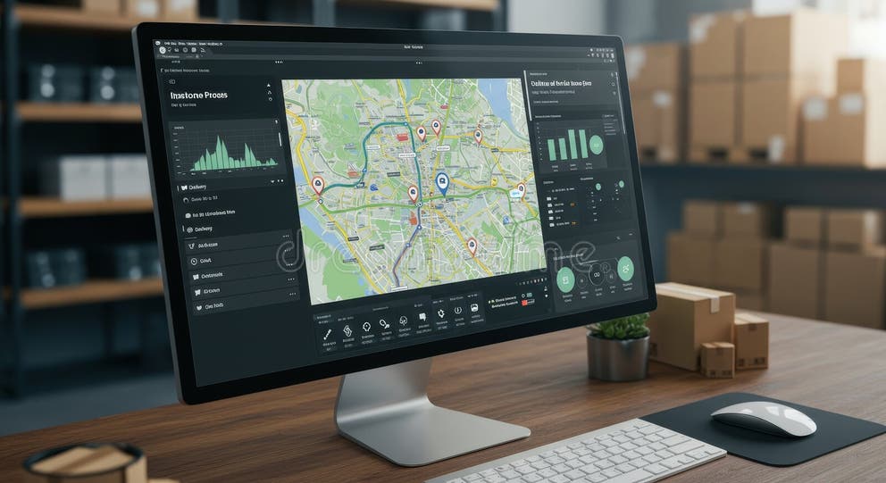 Modern Business Logistics Software Sleek Desktop Computer Displaying a ...