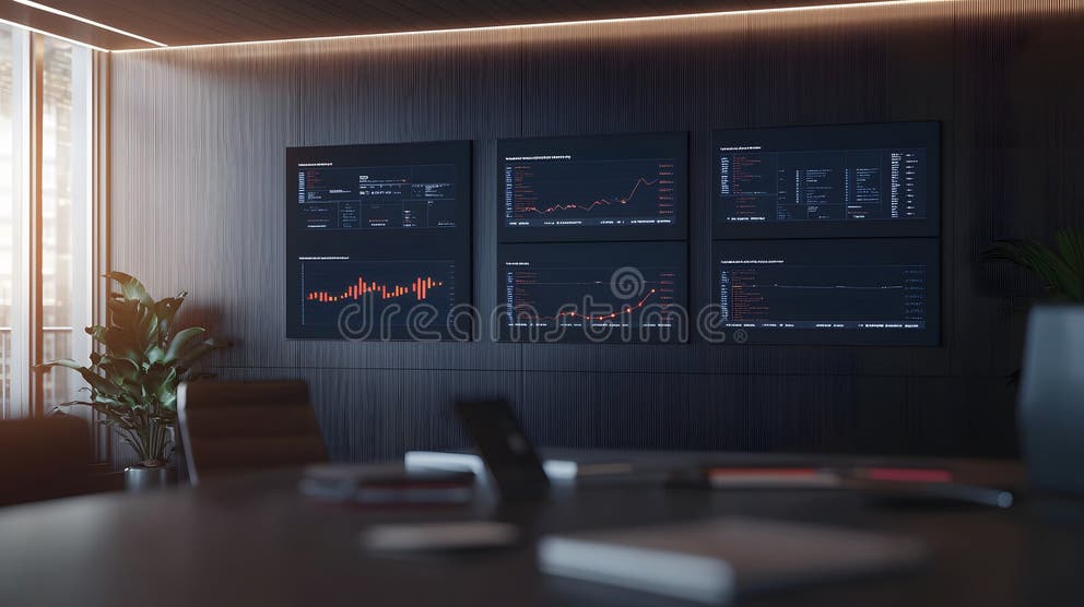 Modern Business Strategy Room Featuring Interactive Displays and Data ...