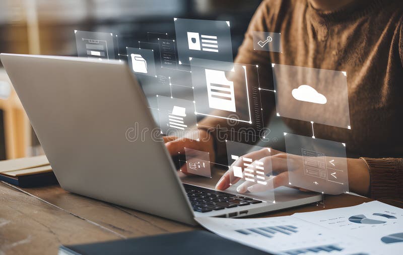 Woman Using Laptop Digital Cloud Computing Technology Interface Modern ...