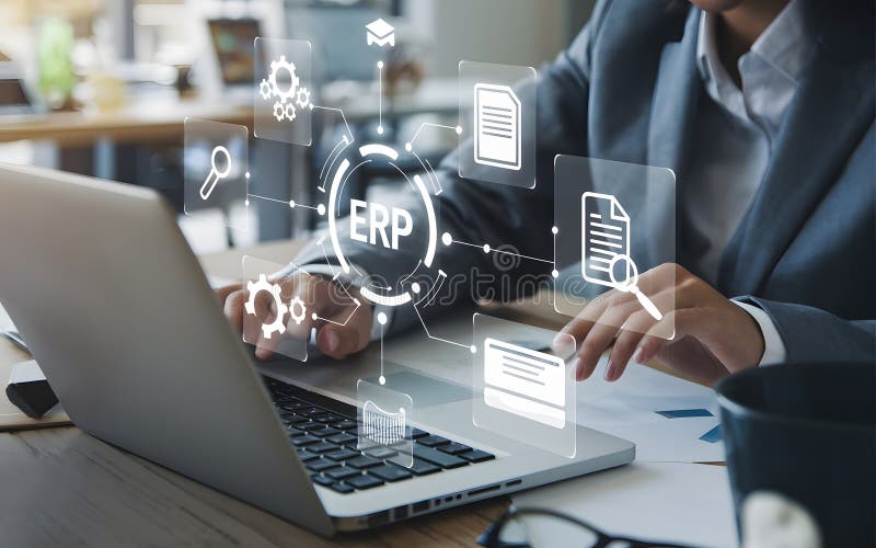 Businessman Using Laptop with ERP Software System Interface Digital Technology Modern Business ...