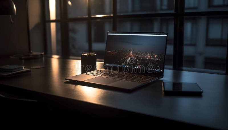 Modern Businessman Working on Laptop in Illuminated Office at Night ...