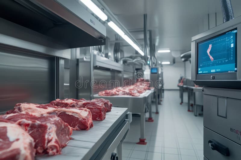 Modern Butchery Facility with Fresh Cuts of Beef on Display in a Clean ...