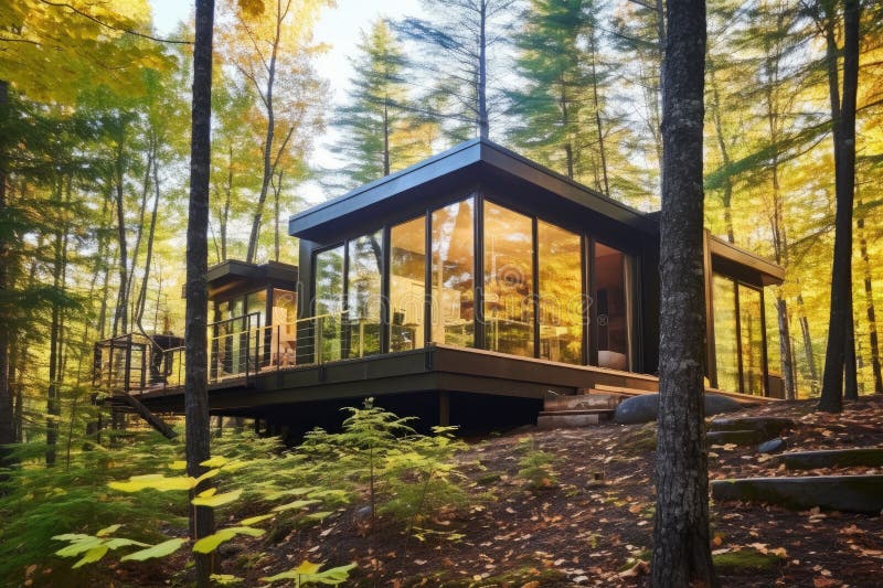 A Modern Cabin with Floor-to-ceiling Windows Around a Forest Stock ...
