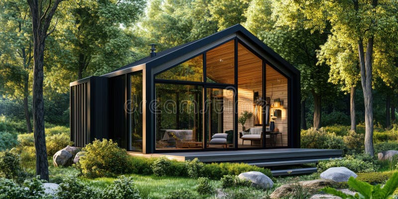 Modern Cabin in Forest with Large Glass Windows and Wooden Interior ...