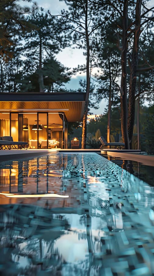 Modern Cabin with Illuminated Pool at Dusk, Forest Setting Stock Photo ...
