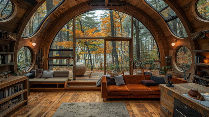 Modern Cabin Interior with Panoramic Forest View - Generative Ai Stock ...