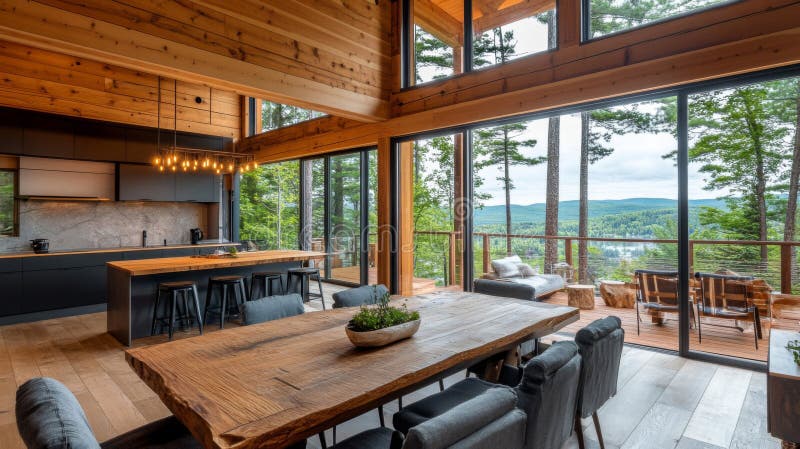 Modern Cabin Interior with Panoramic Lake View Stock Illustration ...