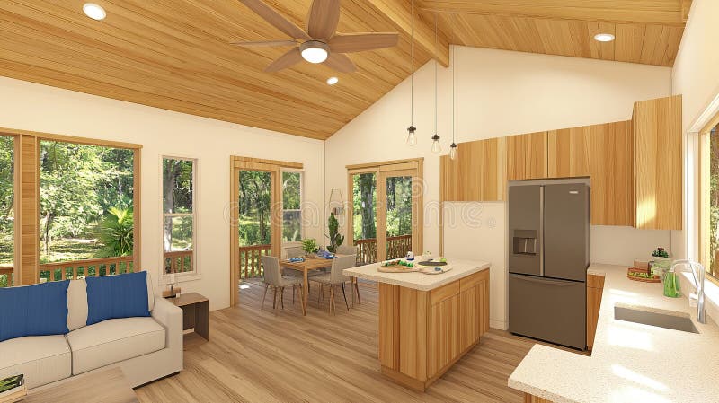 Modern Cabin Kitchen, Dining, Living Room Design Rendering Stock Image - Image of relaxing ...