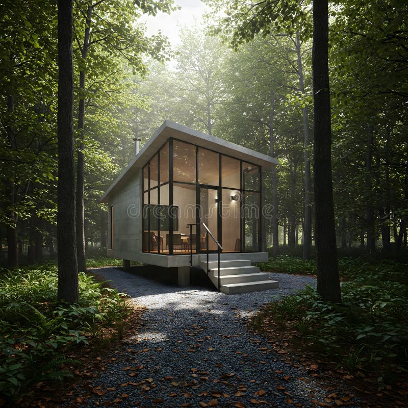 A Modern Cabin with Large Glass Windows Nestled in a Sun-dappled Forest ...