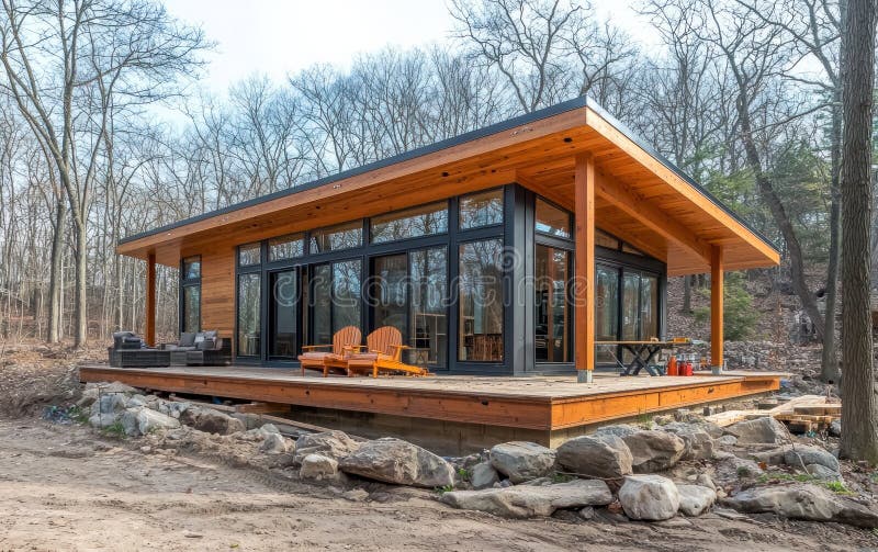 Modern Cabin with Large Windows a Wooden Deck Stock Illustration ...