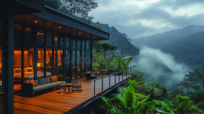 Modern Cabin Overlooking Misty Mountains at Dusk in a Serene Forest ...