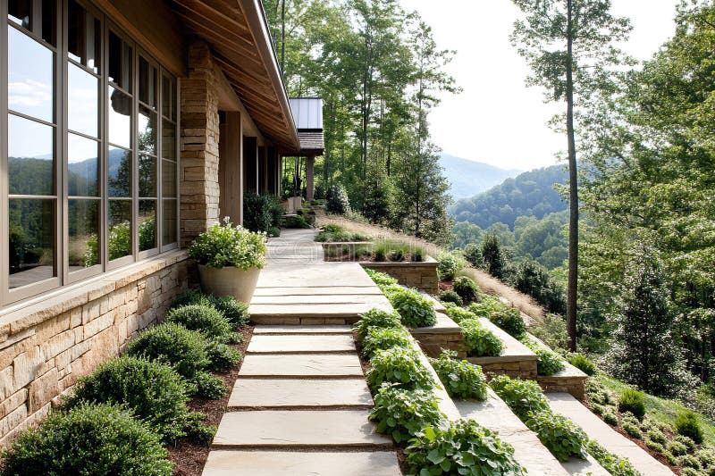 Modern Cabin with Stone Pathway and Lush Greenery in Mountainous ...
