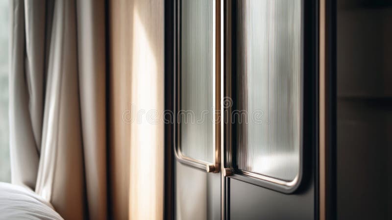 A Modern Cabinet with Textured Glass Doors Reflecting Light, Creating ...