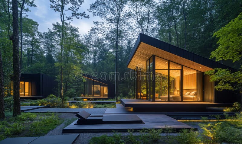 Modern Cabins in Forest Setting, Sleek Architecture, Large Glass ...