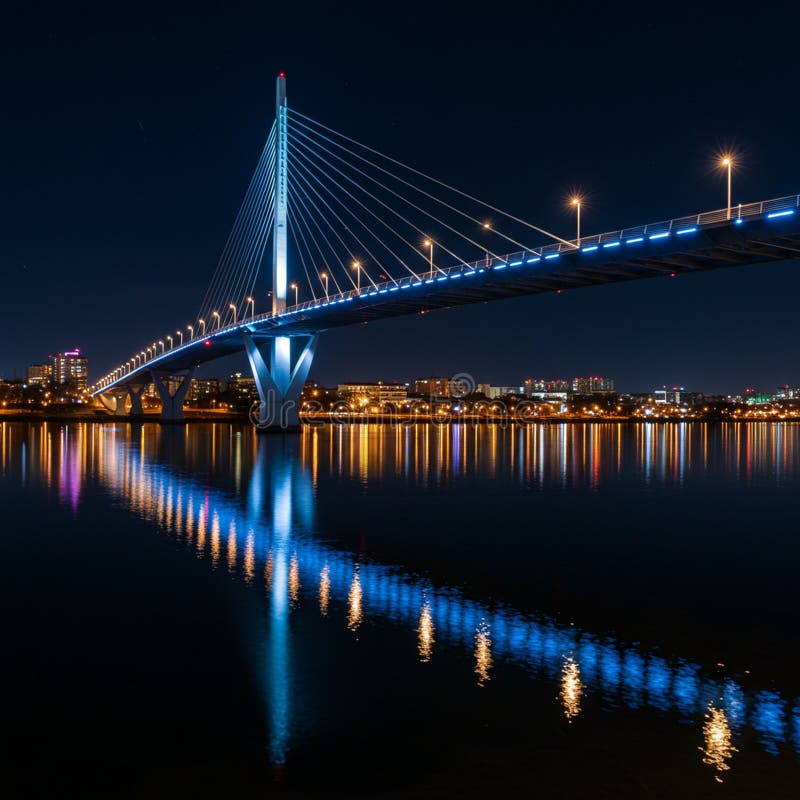 Modern Cable-stayed Bridge Lit with Blue Lights Spans a Calm River at ...