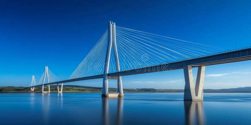 Modern Cable-stayed Bridge Over Calm Water Stock Illustration ...
