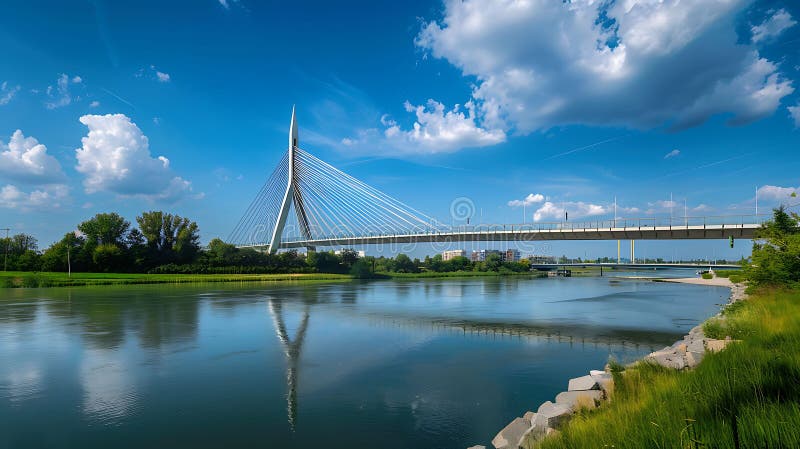 Modern Cable-Stayed Bridge Over River Stock Image - Image of ...