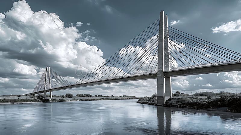 Modern Cable-Stayed Bridge Over River Stock Illustration - Illustration ...