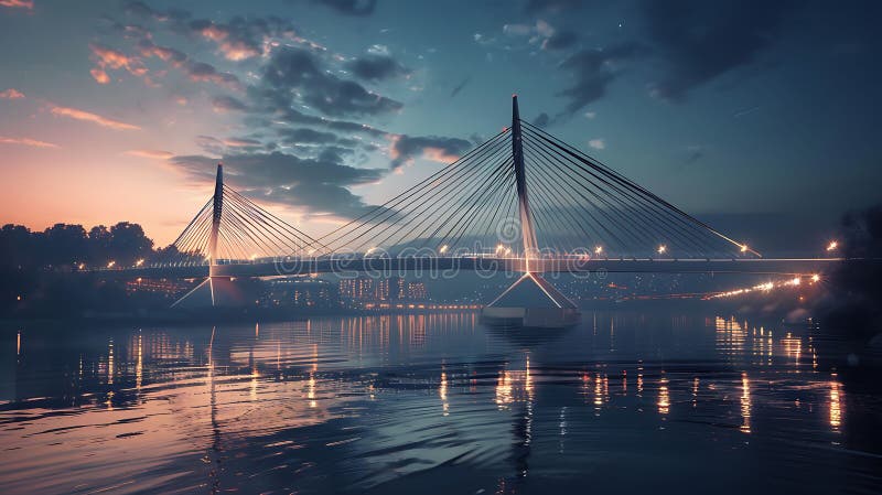 Modern Cable-Stayed Bridge Over River Stock Illustration - Illustration ...