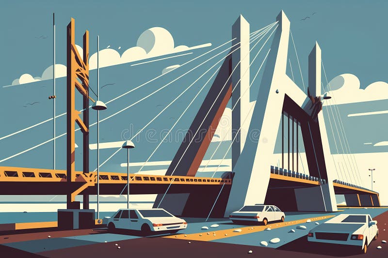 Modern Cable-stayed Bridge. Retro Poster in 60s Style Created with ...