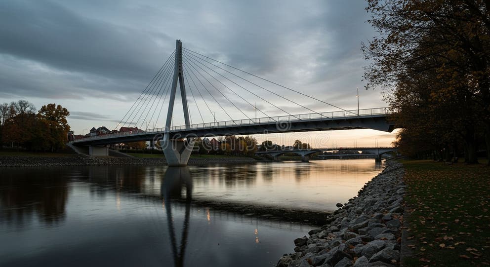 Modern Cable-stayed Bridge Spans a Calm River, Supported by a Central ...