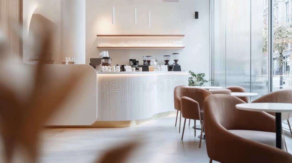 A Modern Caf? Interior Featuring a Sleek Counter and Comfortable ...