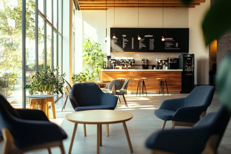 Modern Caf? Interior with Seating, Plants, and a Coffee Bar in a Bright, Inviting Space Stock ...