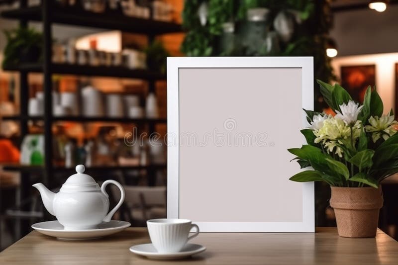 Modern Caf?? Shop Features Blank Menu Frame Mock-up on Table Stock ...