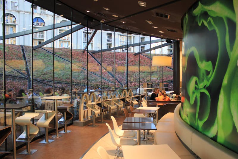 Modern Cafe Interior with Large Windows in Art Nouveau Style. Bar ...